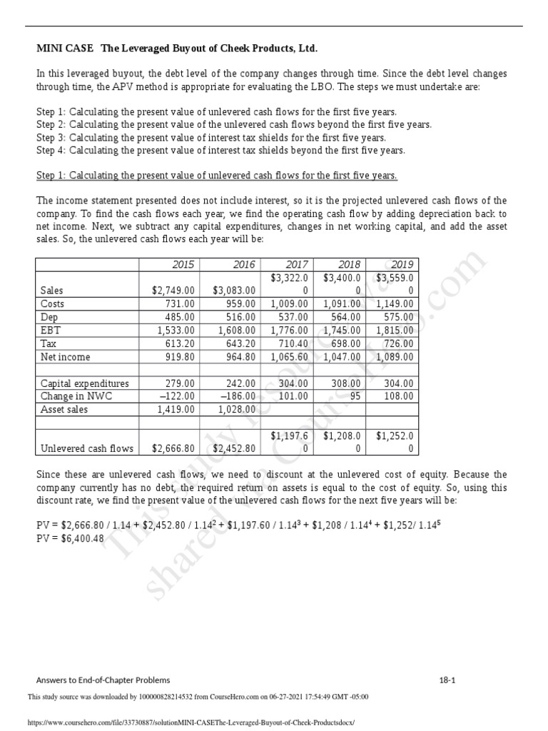 Leveraged Buyout Analysis of Cheek Products | PDF | Present Value ...