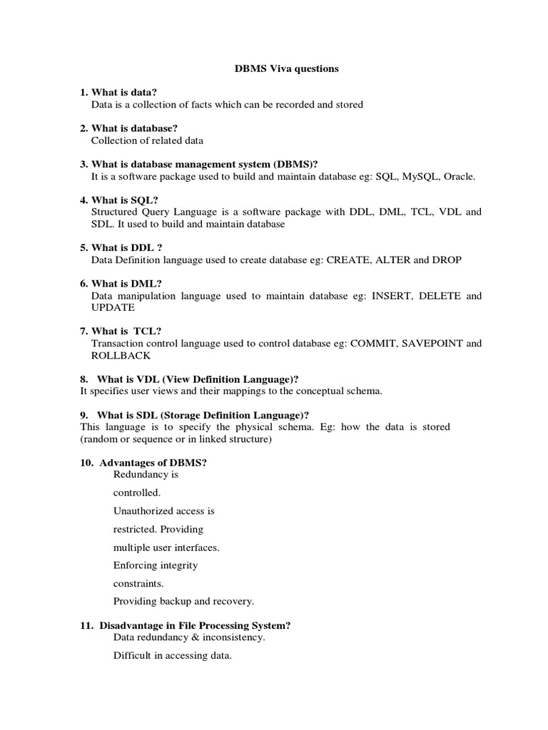 DBMS Viva Questions | PDF | Databases | Information Technology