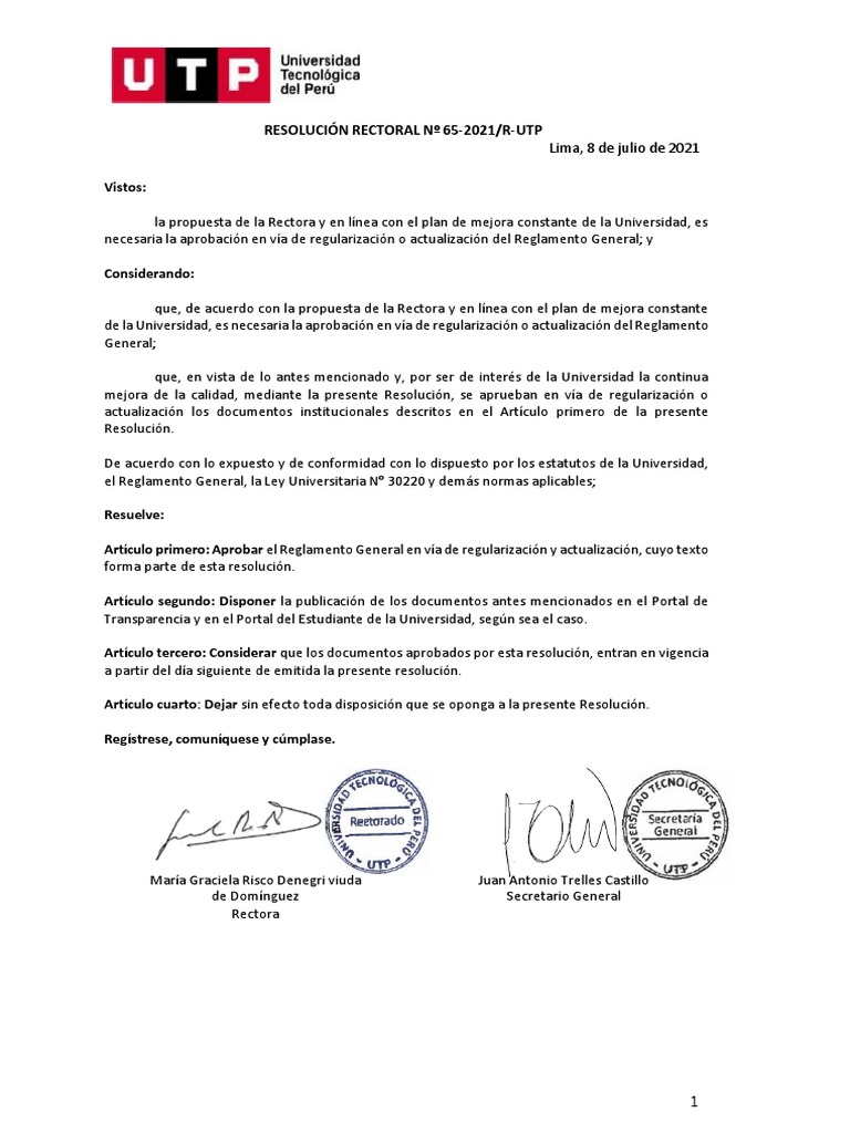 Resolucion Rectoral Nº65-2021-R-UTP Aprobacion Del Reglamento General | PDF