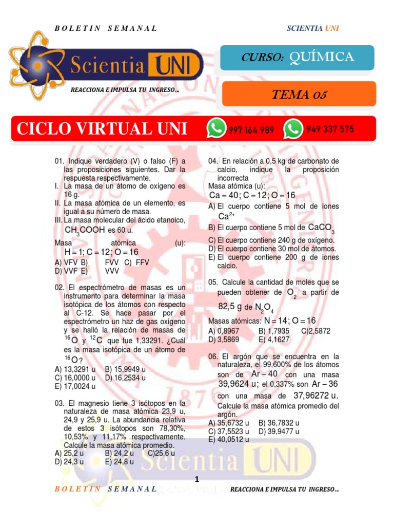 Ejercicios de Química: Masa Atómica y Moles | PDF | Mole (Unidad) | Oxígeno