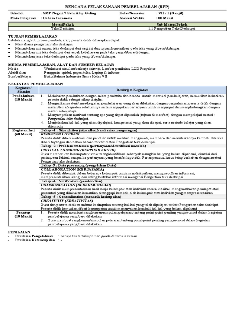 RPP Kelas 7 Teks Deskripsi | PDF
