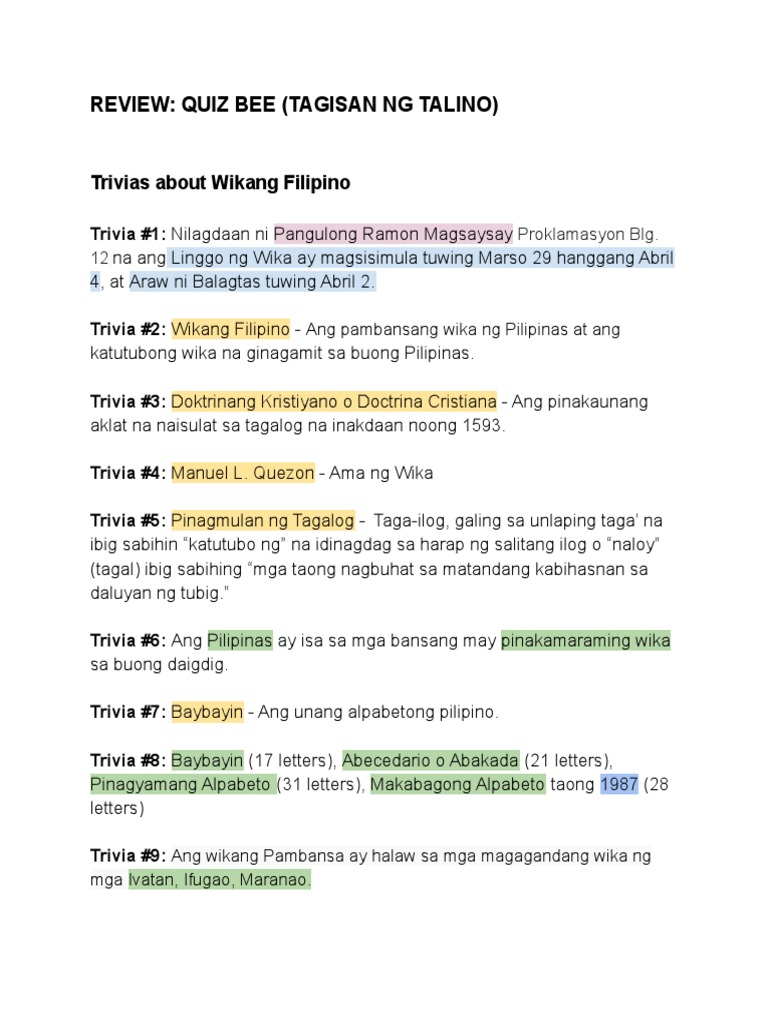 Review - Quiz Bee (Tagisan NG Talino) | PDF
