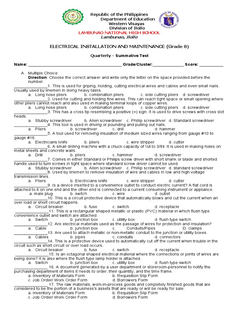 EIM 8 SUMMATIVE TEST | PDF | Electrical Connector | Switch