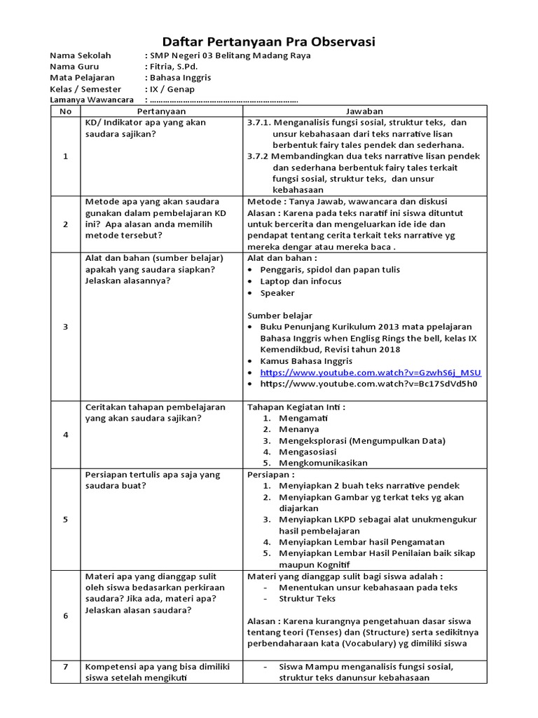 Daftar Pertanyaan Observasi Genap | PDF | Seni & Disiplin Bahasa