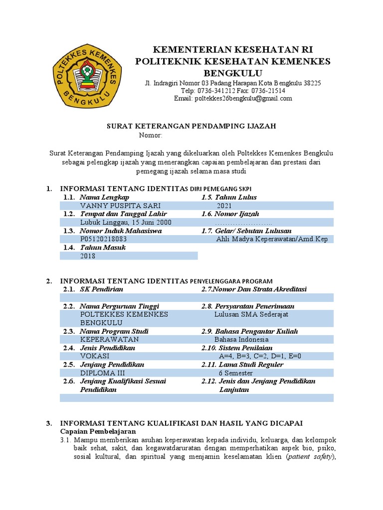Surat Pendamping Ijazah Vanny | PDF
