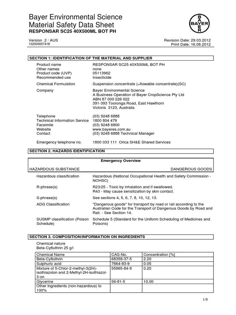 MSDS - Responsar SC - PH - 29032012 | PDF | Toxicity | Dangerous Goods