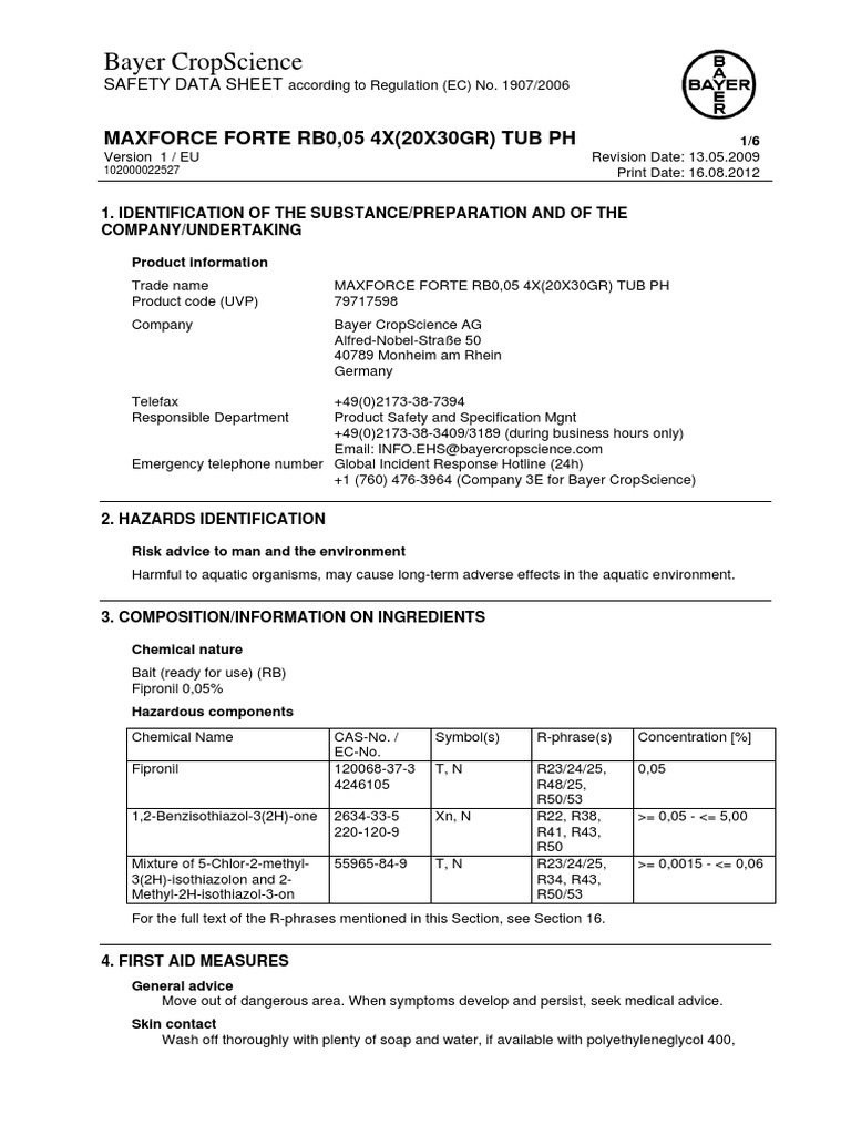 MSDS - Maxforce Forte - PH - 13052009 | PDF | Toxicity | Carbon Dioxide