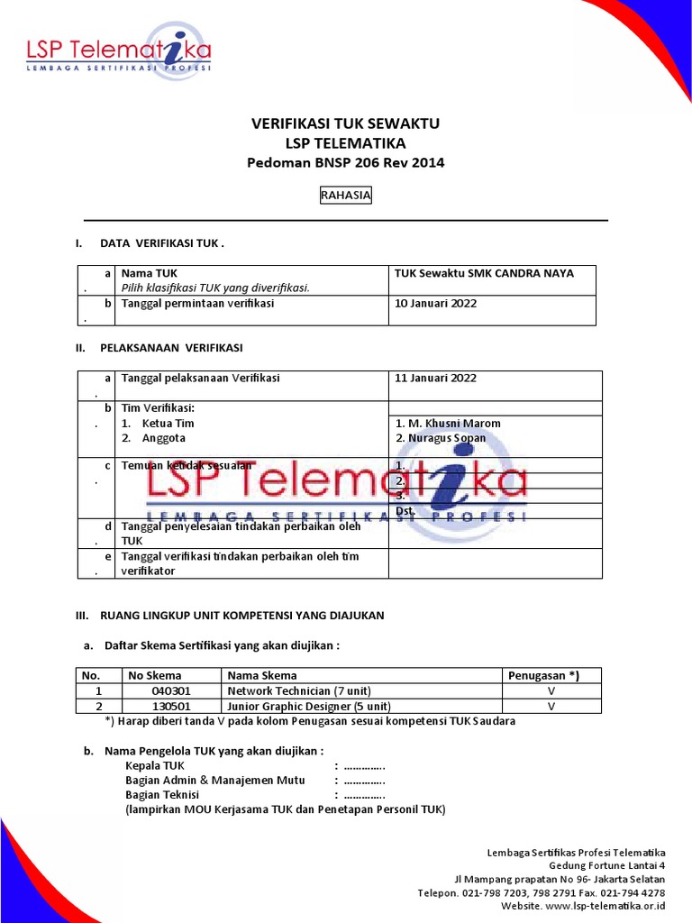 Contoh Verifikasi TUK LSP Telematika | PDF