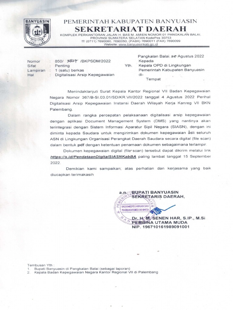 Surat Digitalisasi Arsip Kepegawaian Kab. Banyuasin | PDF