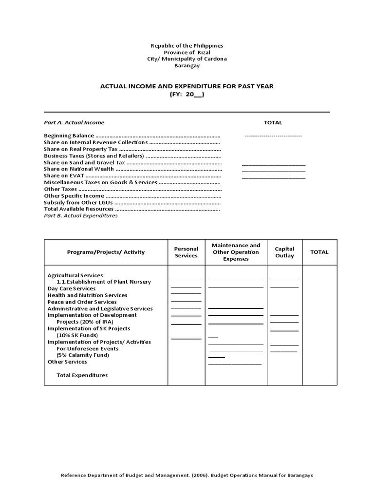 Actual-Income-And-Expenditures Blank Format | PDF | Budget | Expense