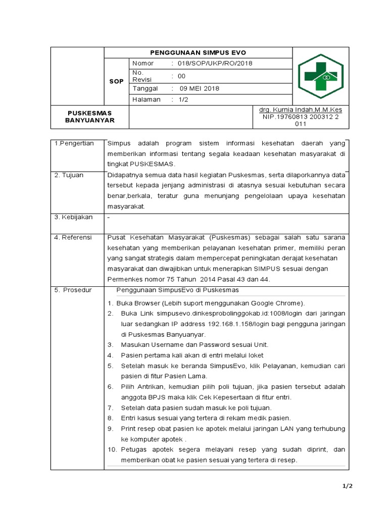 STANDAR OPERASIONAL PROSEDUR PENGGUNAAN SIMPUS EVO DI PUSKESMAS DAN ...