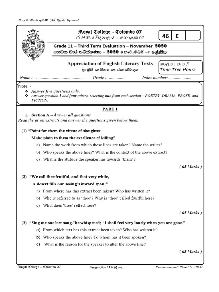 Royal College Term Test Papers 2020 Literary | PDF | Poetry
