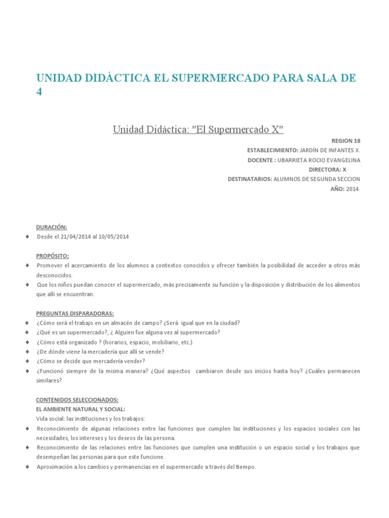 Unidad Didáctica: El Supermercado 4 años | PDF | Supermercado | Alimentos