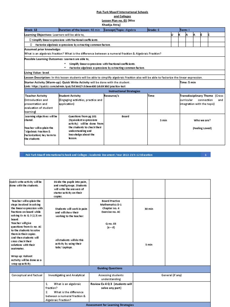 Week 12 Maths GR 6 | PDF | Lesson Plan | Learning