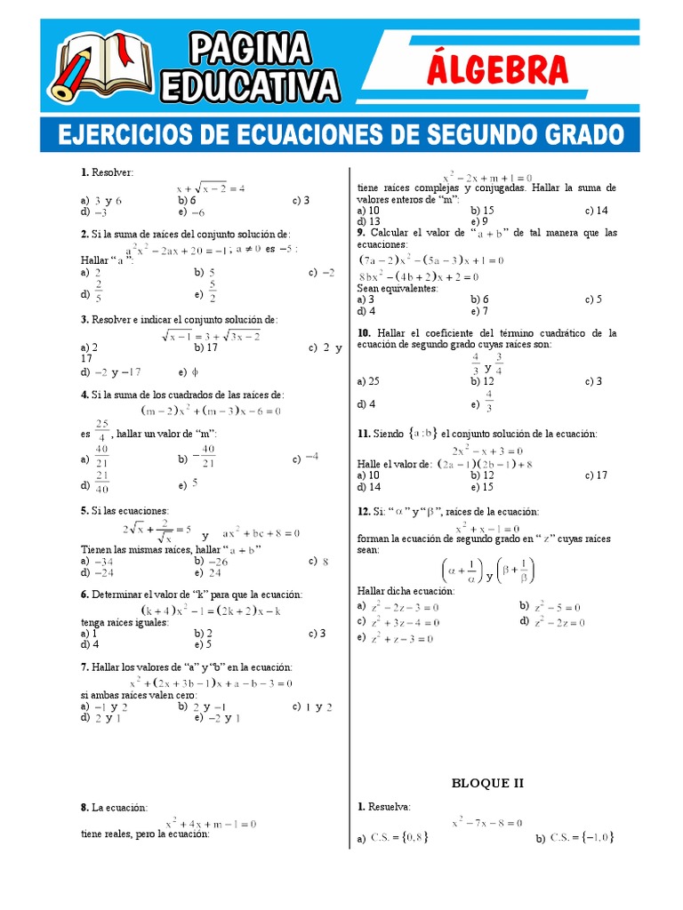 Ejercicios de Ecuaciones de Segundo Grado Pagina Educativa | PDF ...