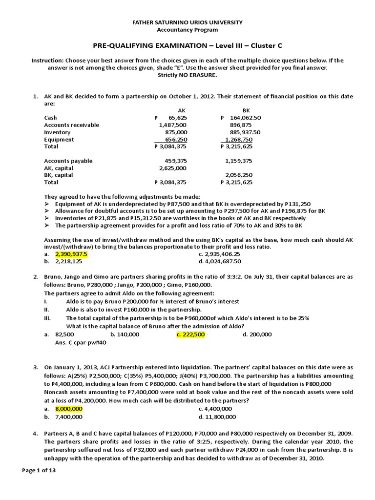 Pre-Quali Examination - Level III - Cluster C, PDF FSUU Accounting ...