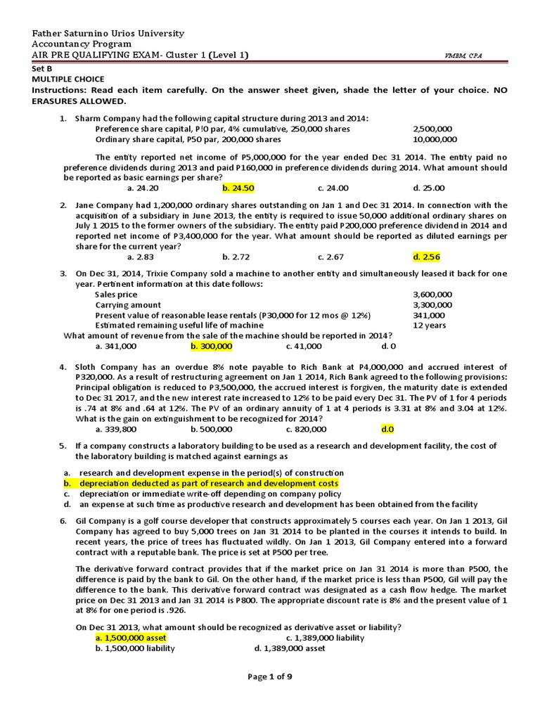 FSUU Accountancy Pre-Qualifying Exam 2025 | PDF | Book Value ...