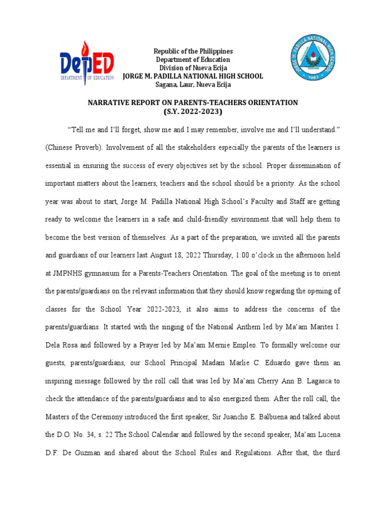 Narrative On Parents-Teachers Orientation 22-23 | PDF | Learning