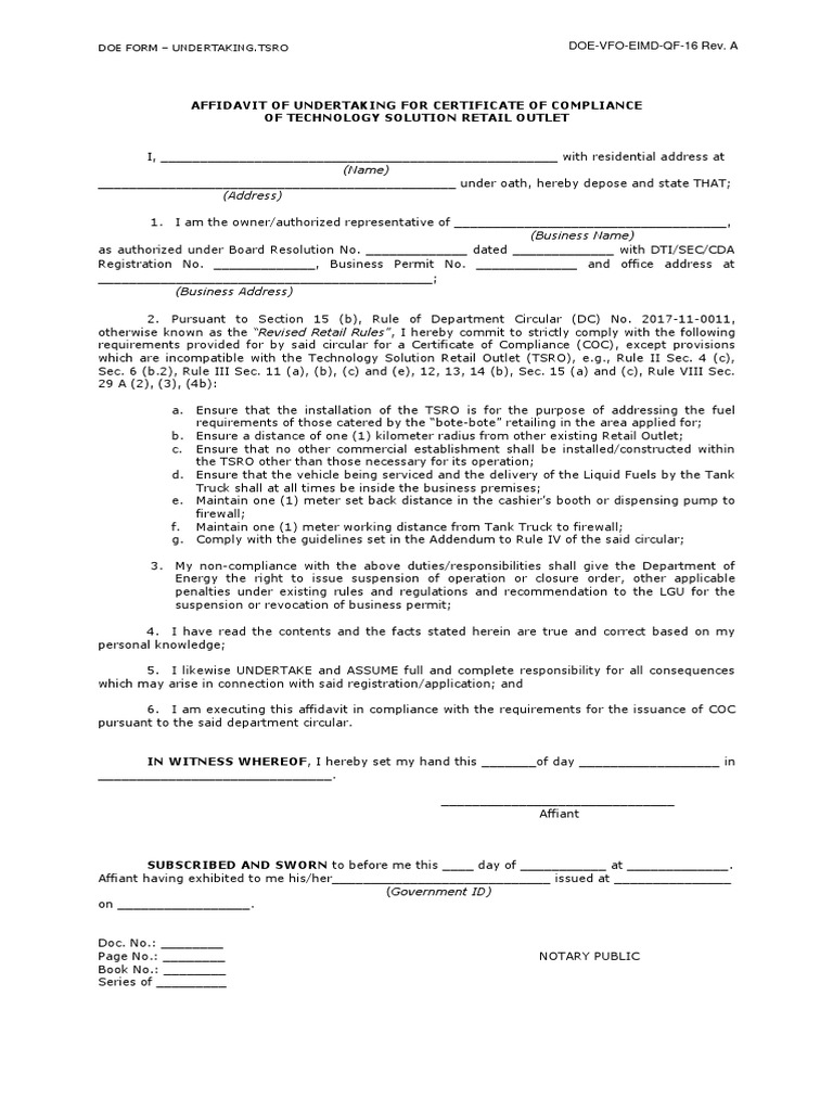TSRO Compliance Affidavit Form | PDF | Affidavit | Common Law
