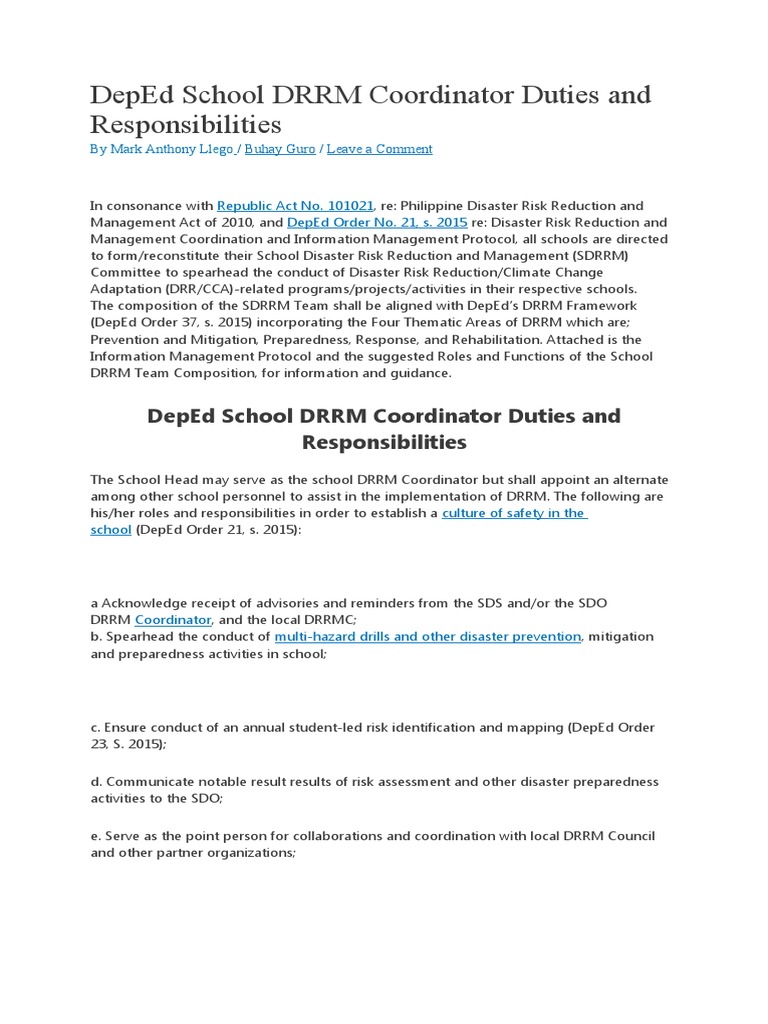 DepEd School DRRM Coordinator Duties and Responsibilities | PDF ...