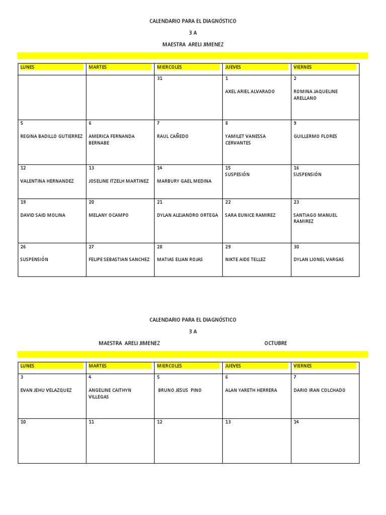 Calendario Diagnóstico 3A Octubre | PDF