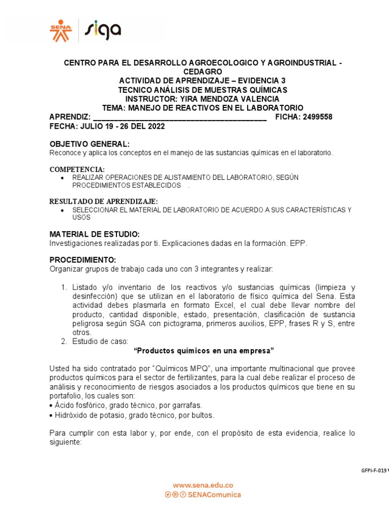Actividad Aprendizaje - Evidencia 3 Manejo de Reactivos en El ...