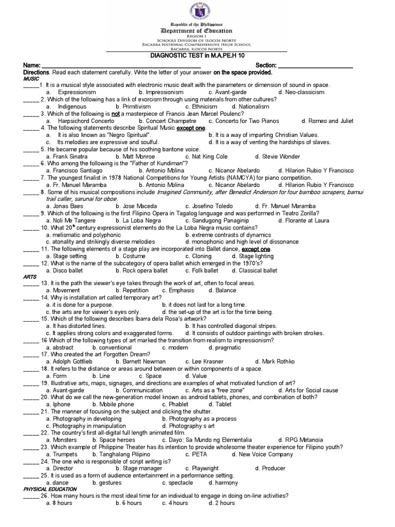 Diagnostic Test in Mapeh 10 | PDF | Calorie | Ballet