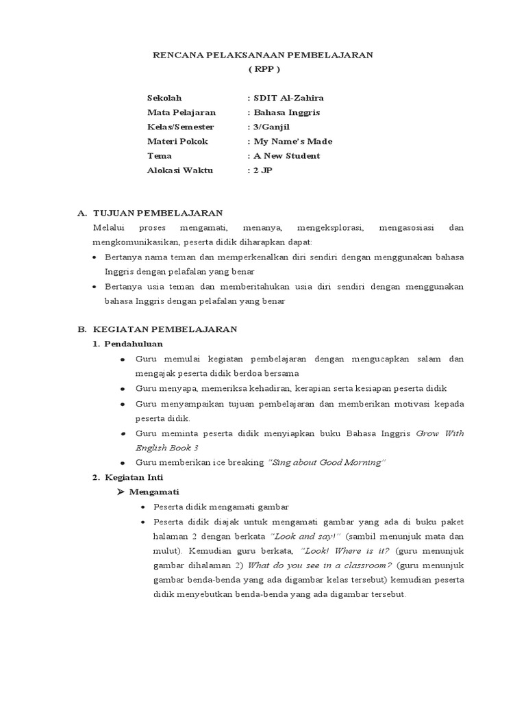 RPP Kelas 3 Lesson 1 | PDF | Karier & Perkembangan