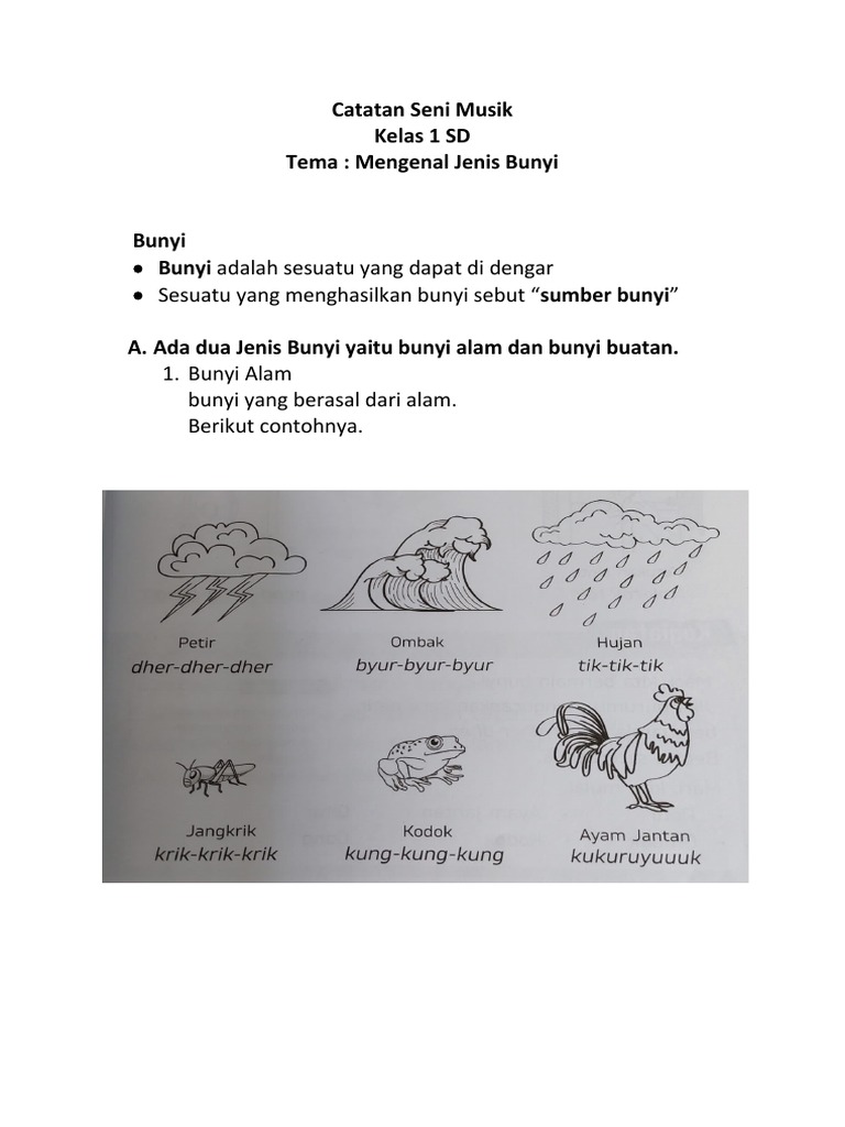 Seni Musik Kelas 1 SD - Mengenal Jenis - Jenis Bunyi | PDF
