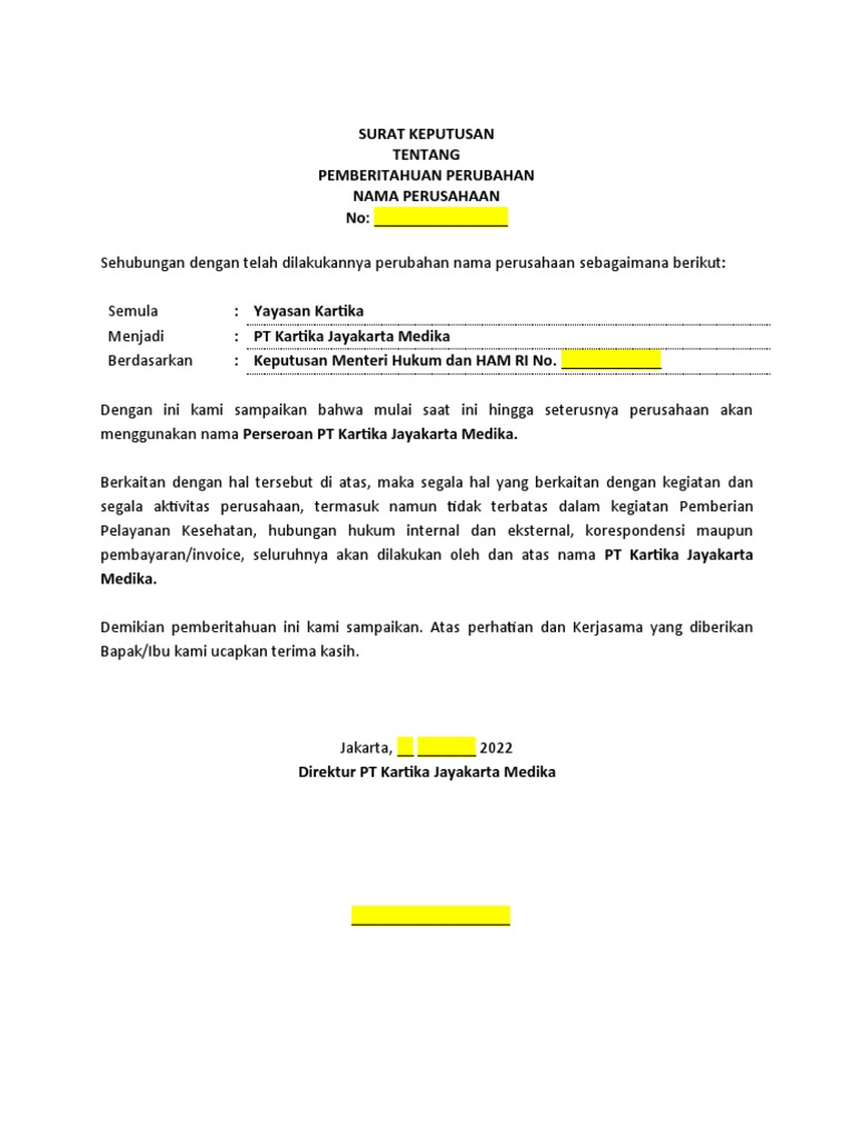 Surat Keputusan Perubahan Nama Yayasan Kartika Menjadi PT KJM | PDF Surat Keputusan Perubahan Nama Yayasan Kartika Menjadi PT KJM | PDF