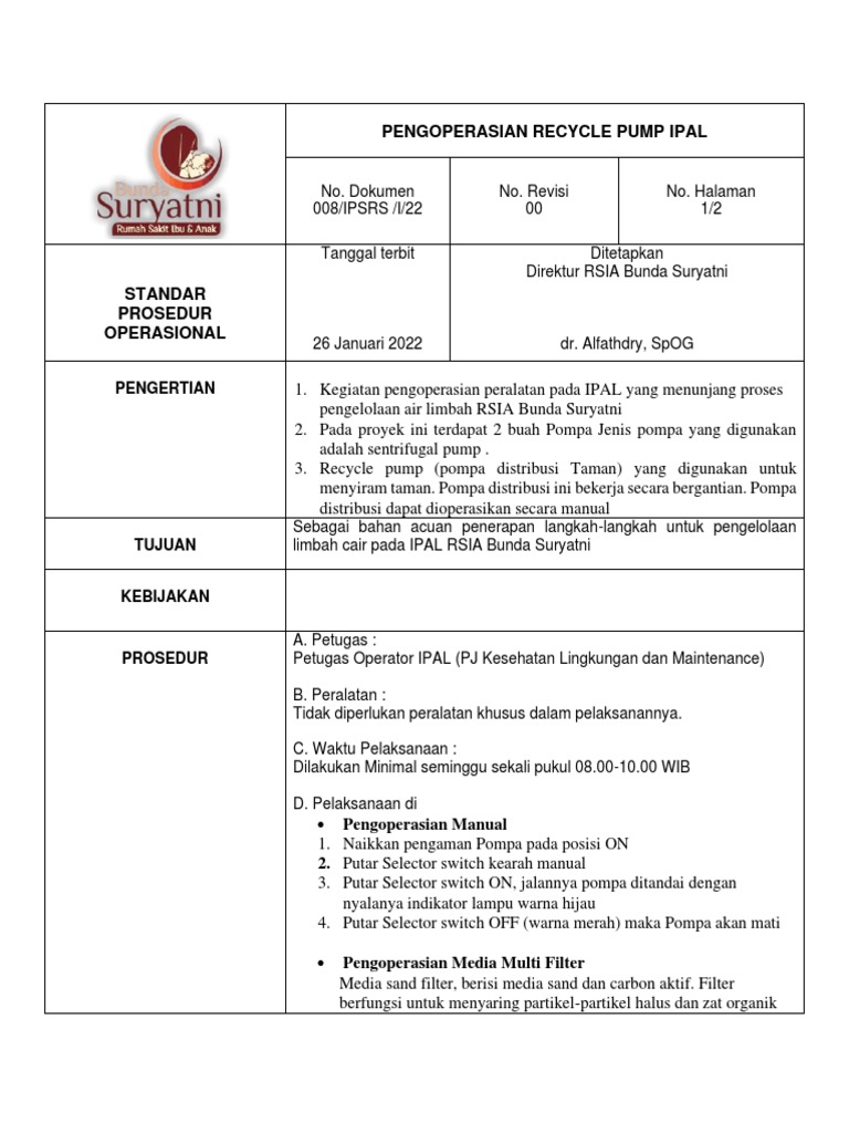 Spo Pengoperasian Recycle Pump Ipal | PDF