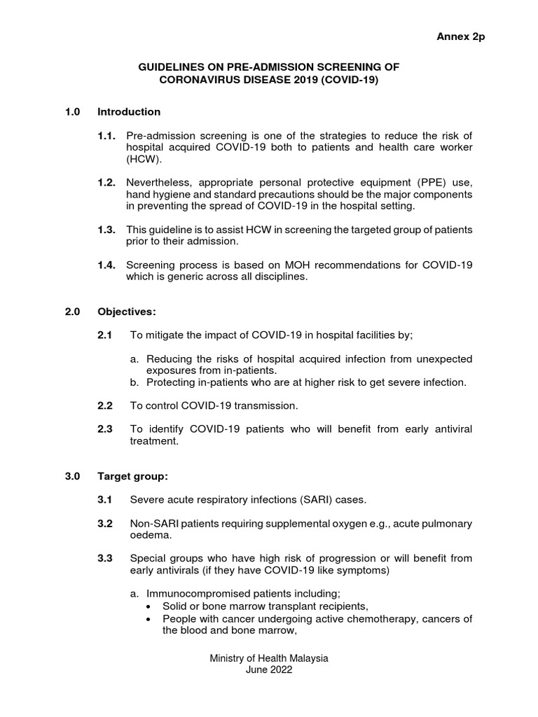 ANNEX 2p GUIDELINES ON PRE ADMISSION SCREENING OF COVID 19 01082022 ...
