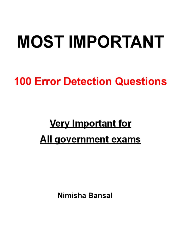 Most Important 100 Error Detection Questions | PDF | Verb | Grammatical ...