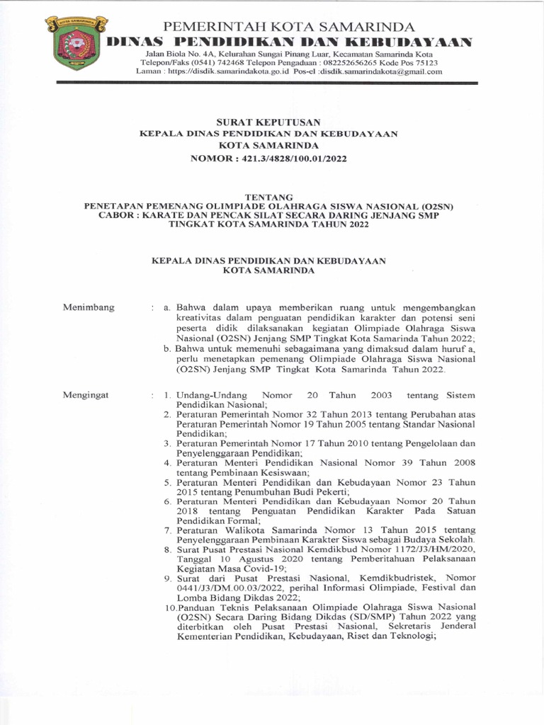 SK Penetapan Pemenang O2SN Jenjang SMP Secara Daring Tingkat Kota ...