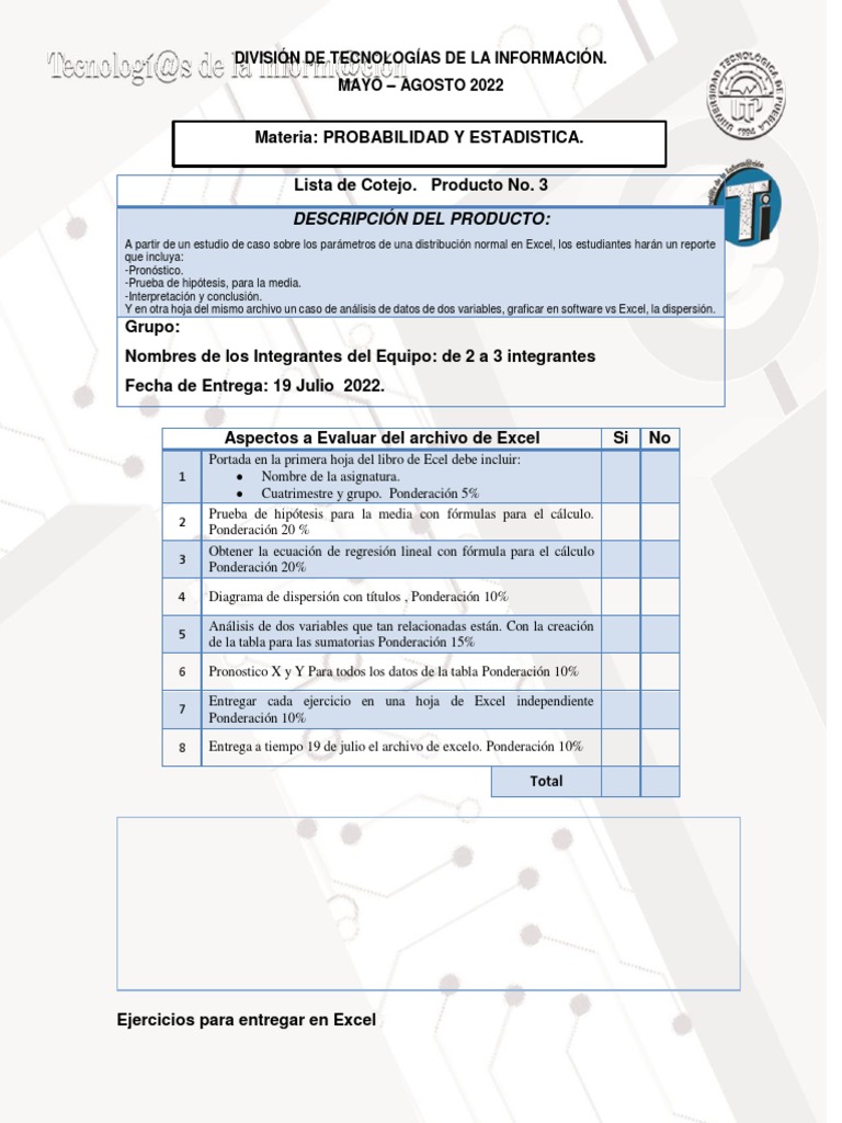 Lista de Cotejo P3 2022 | PDF | Microsoft Excel | Teoría estadística