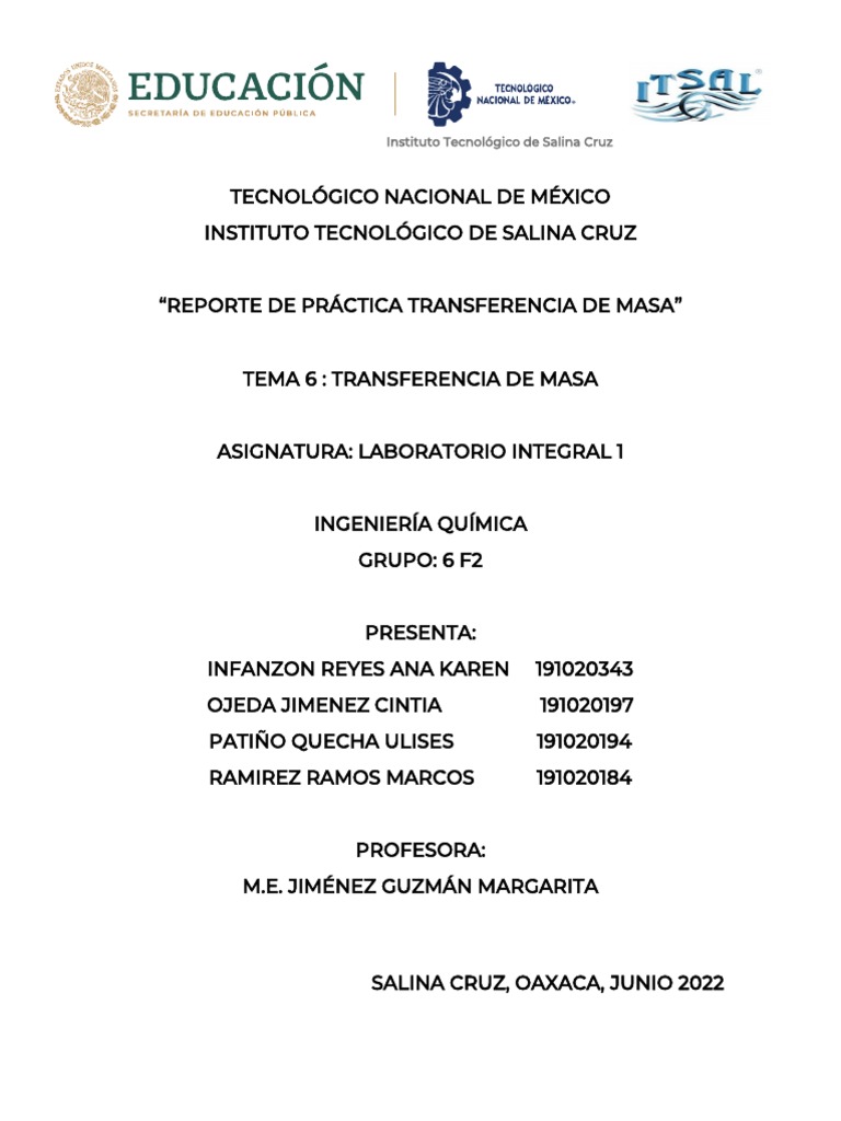 Práctica Tema 6.transferencia de Masa L.integral 6F2 Itsal | PDF ...