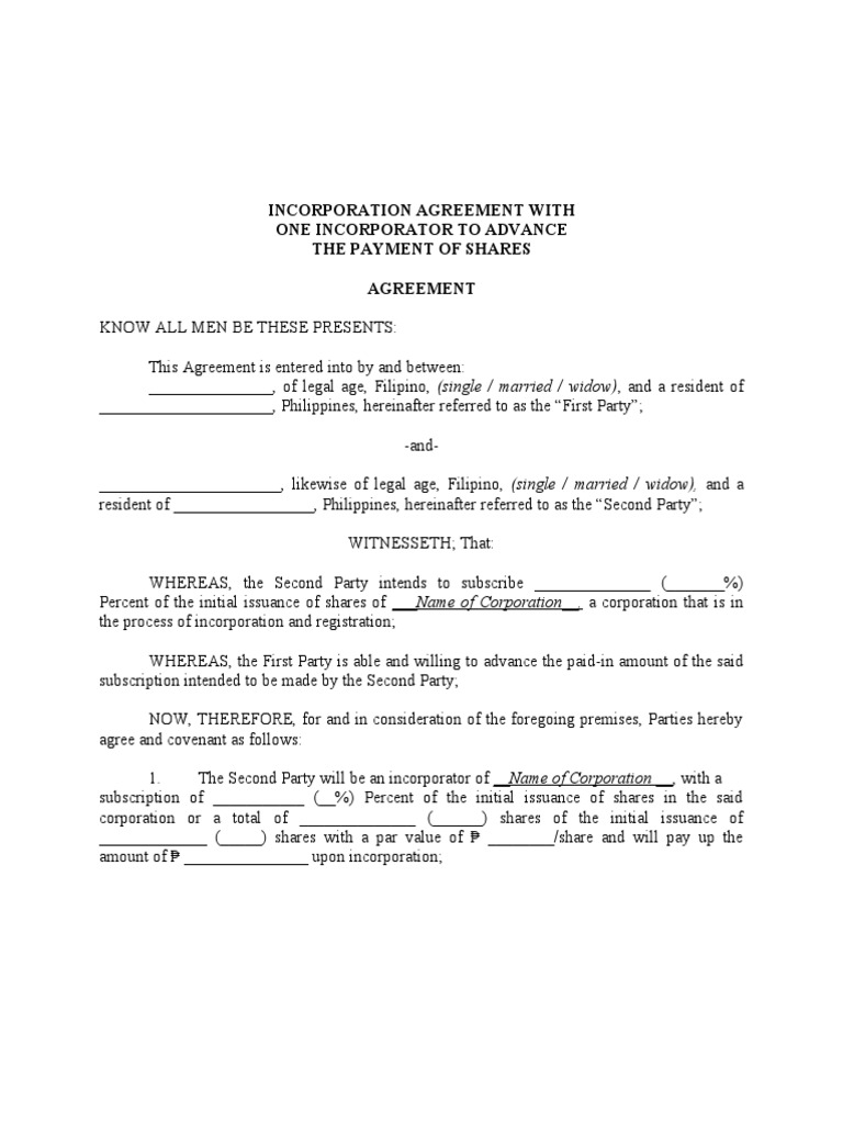 Incorporation Agreement With One Incorporator To Advance The Payment of ...