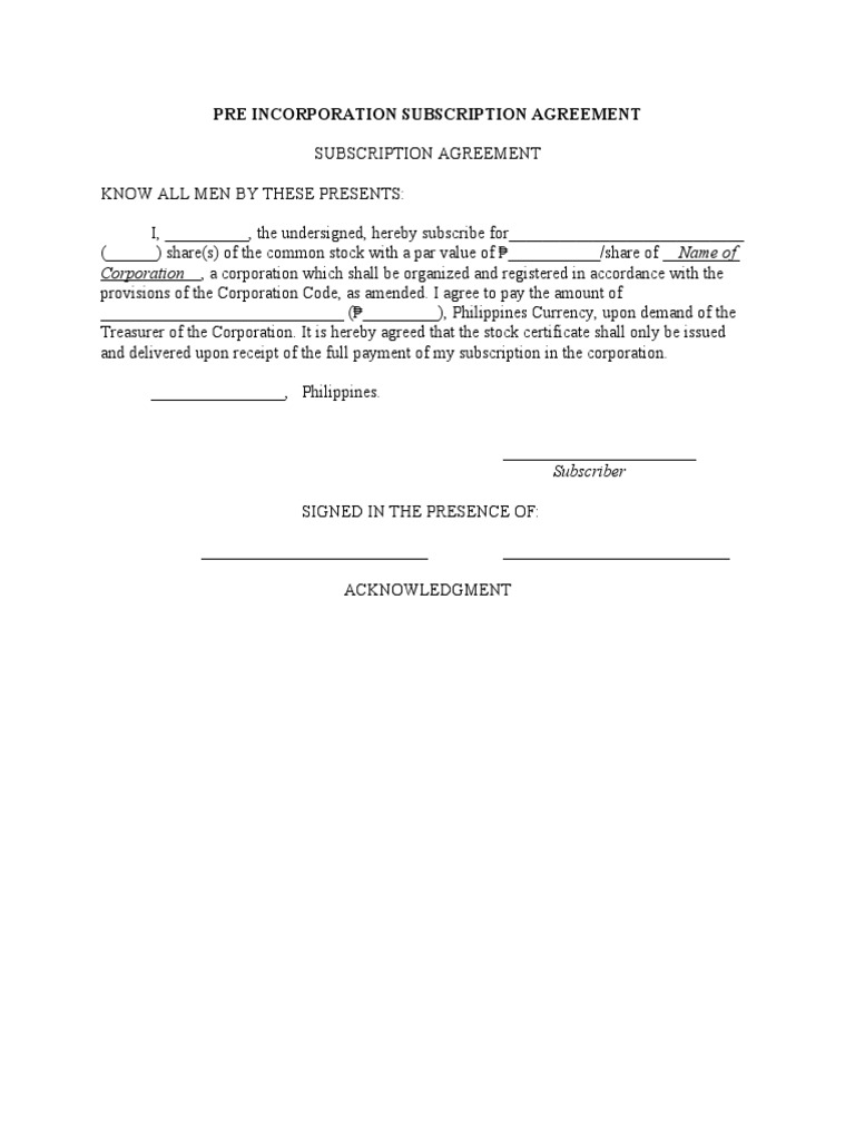 Pre-Incorporation Subscription Agreement | PDF