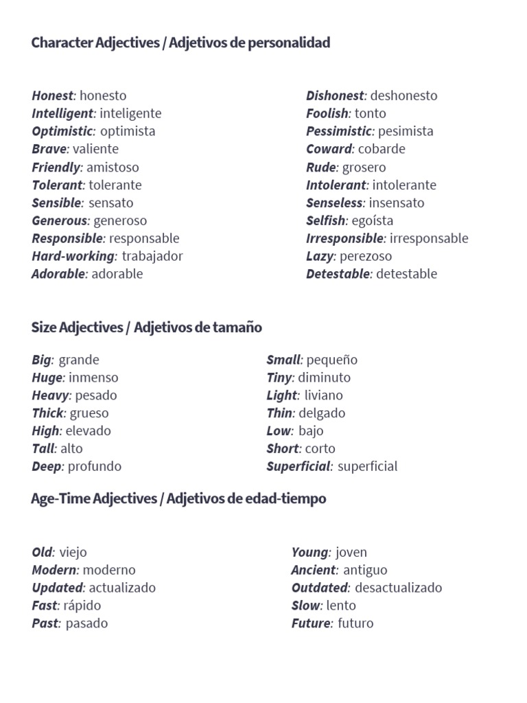 Adjetivos Calificativos en Inglés | PDF | Unidades Semánticas ...