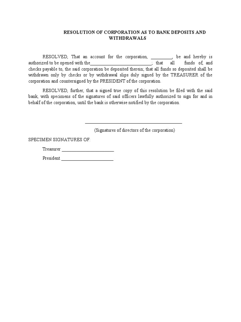 Resolution of Corporation As To Bank Deposits and Withdrawals | PDF