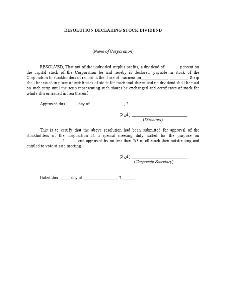 Resolution Declaring Stock Dividend | PDF Resolution Declaring Stock Dividend | PDF