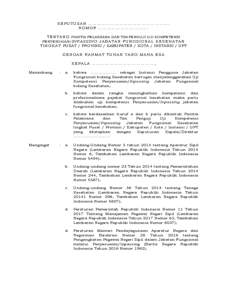 Contoh SK Panitia Pelaksana Dan Tim Penguji Inpassing | PDF