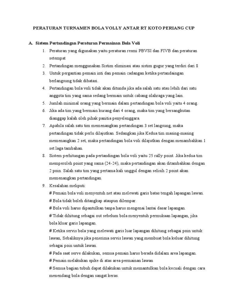 Peraturan Turnamen Bola Volly Antar RT Koto Periang Cup | PDF