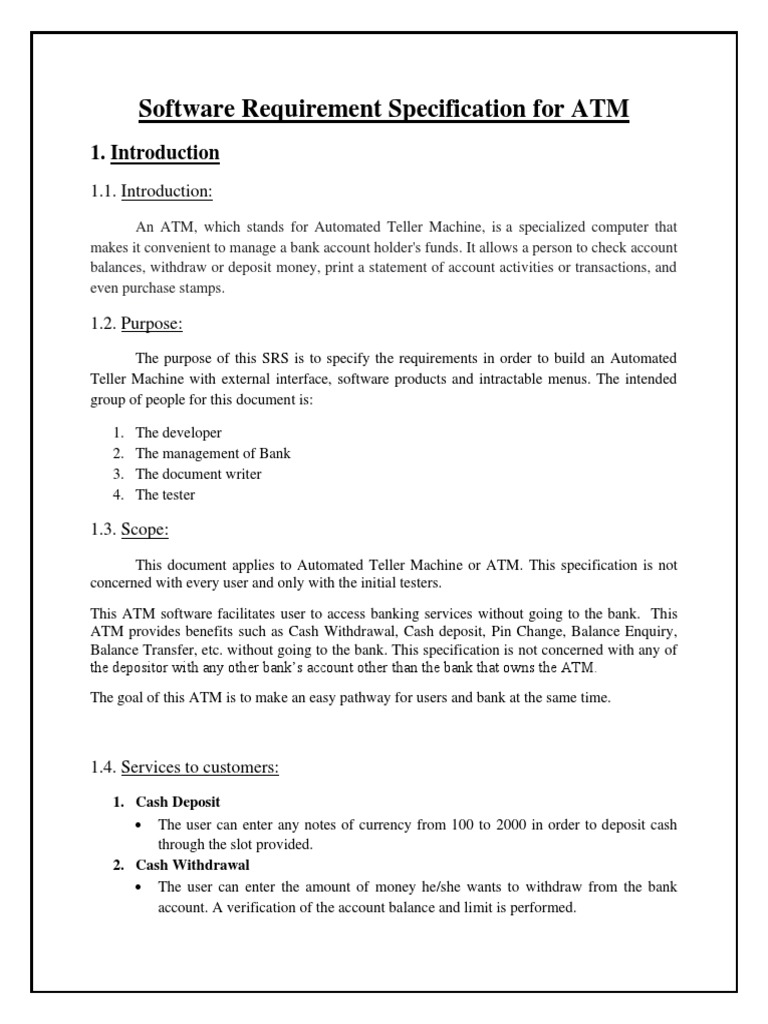 Software Requirement Specification For ATM: 1. Cash Deposit | PDF | Automated Teller Machine ...