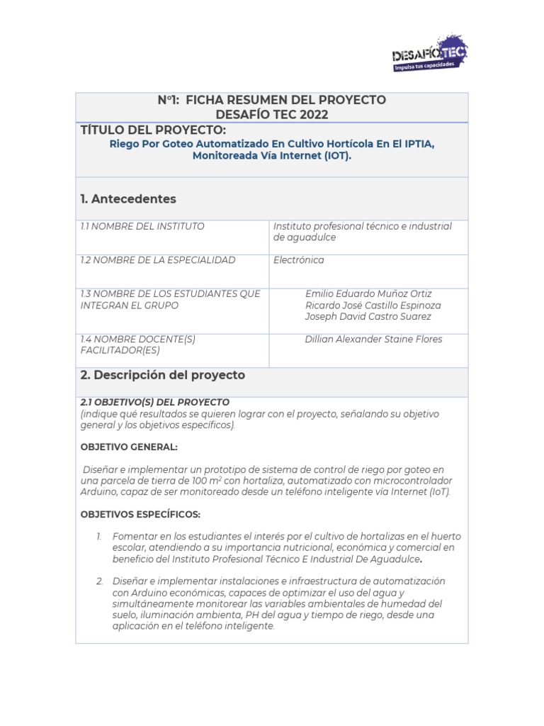 Ficha Resumen Del Proyecto Desafío Tec 2022 | PDF | Riego | Agua