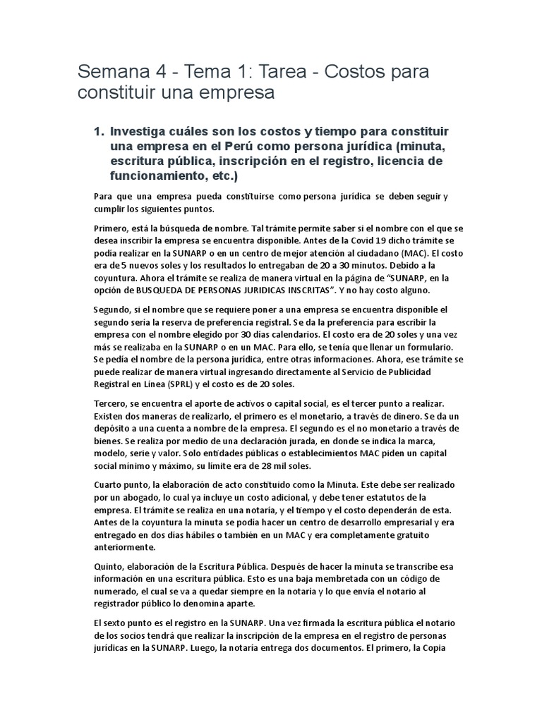Semana 4 Tema 1 Tarea Costos para Constituir Una Empresa | Descargar gratis PDF | Business