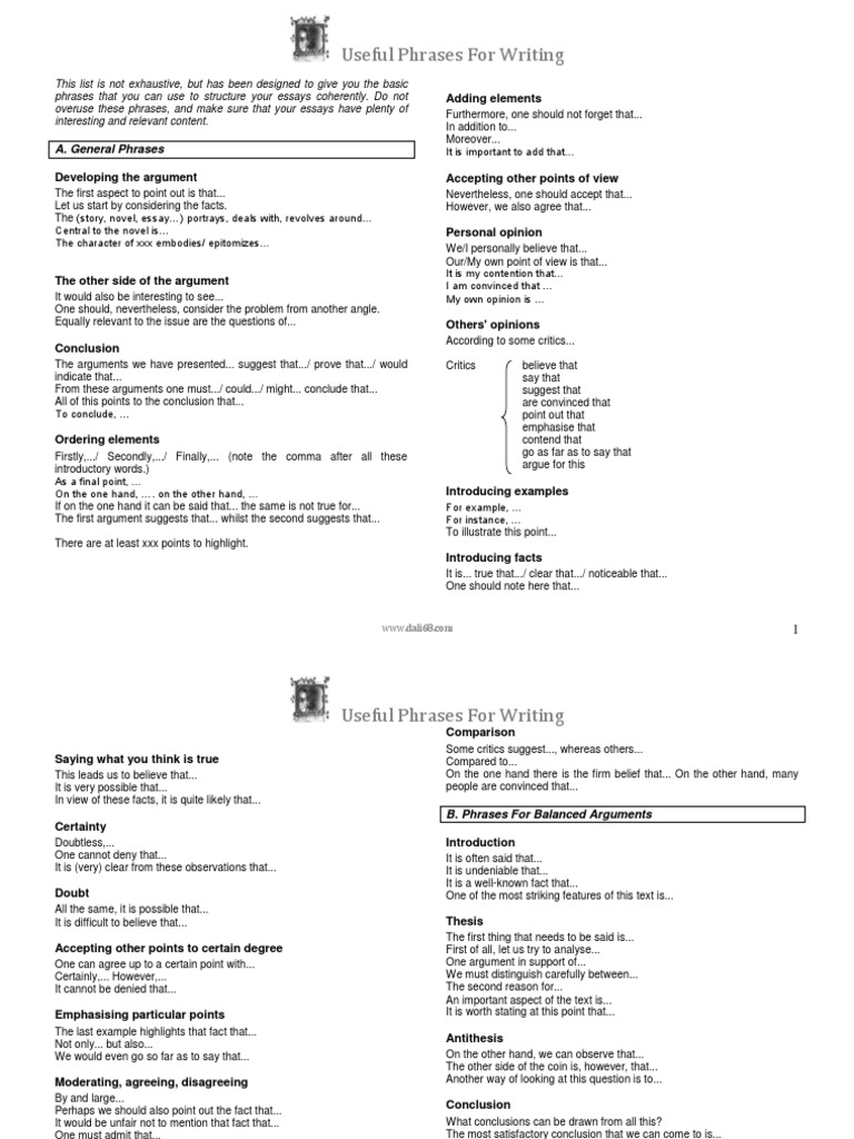 Useful Phrases For Writing Essays | PDF | Verb | Argument