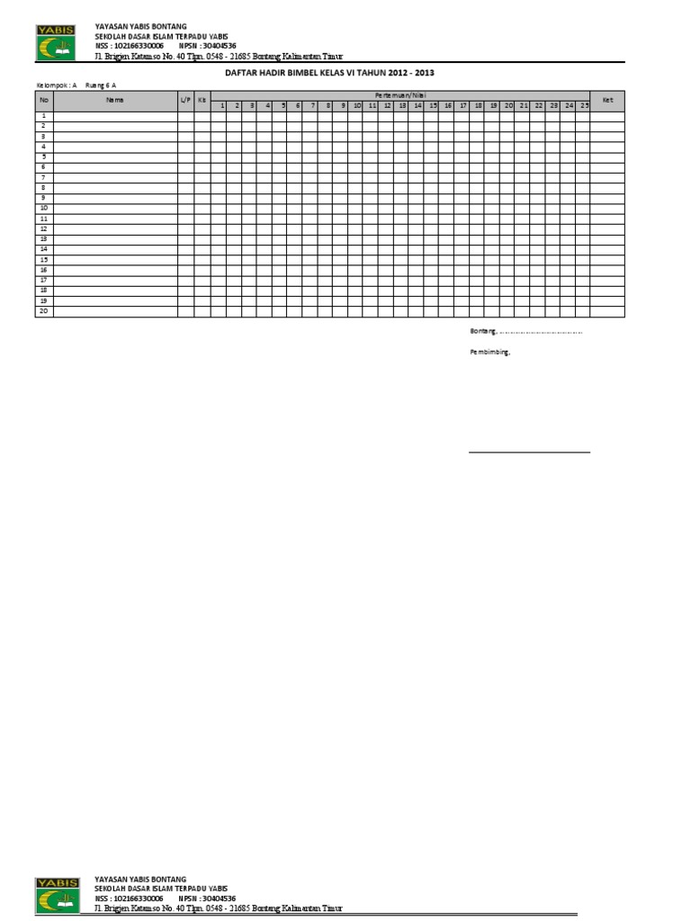 Absen Bimbel Kelas 6 2122 | PDF
