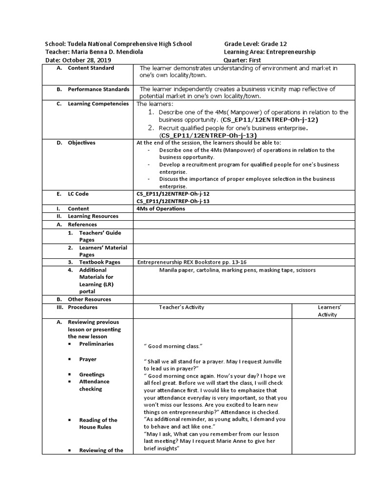 Detailed Lesson Plan | PDF | Entrepreneurship | Employment