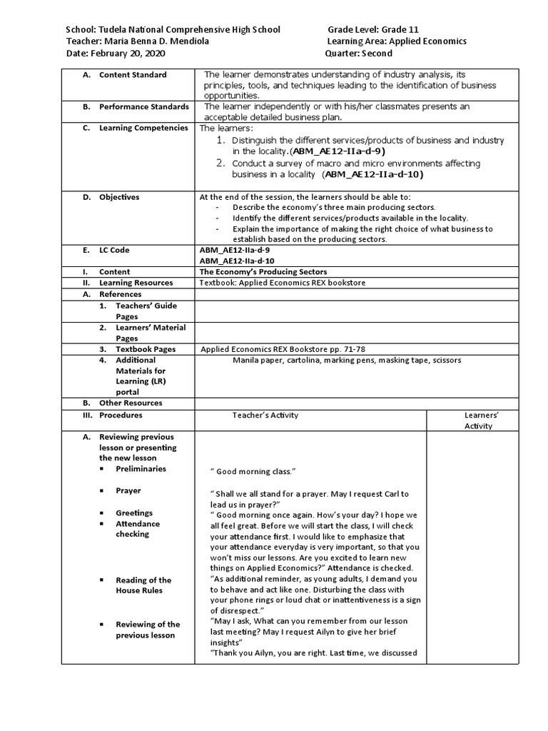 Detailed Lesson Plan - Applied Econ | PDF | Forestry | Economics
